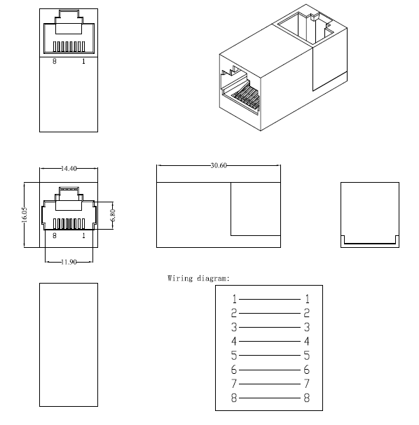 90 Degree RJ45 Cable Coupler Female To Female Straight Extension