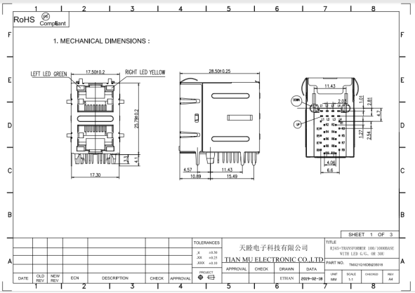 100 / 1000base T Ethernet Connectors RJ45 EMI LED Multi-Port Stacked ...