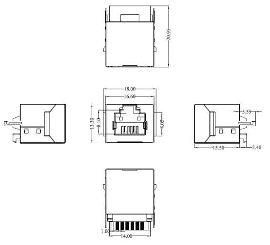 Rj11 Rj45 Jack 6p6c 180 Degree Phone Plug Single Port Without Transformer TM52M511EBX11