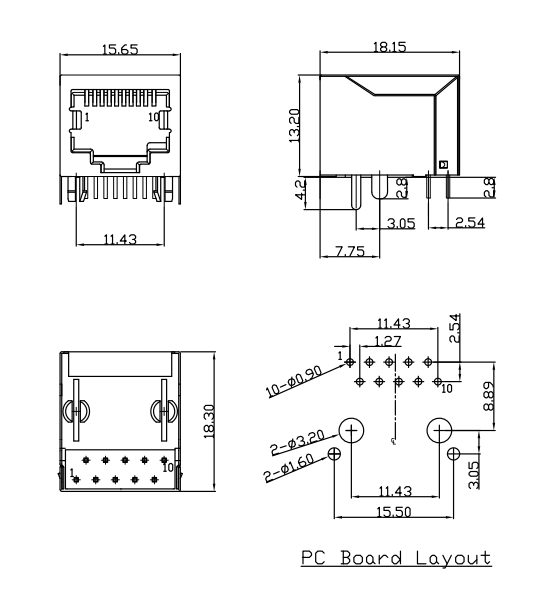 top quality PCB modular jack ethernet rj45 10 pin rj45 connector TM56A011EXX11