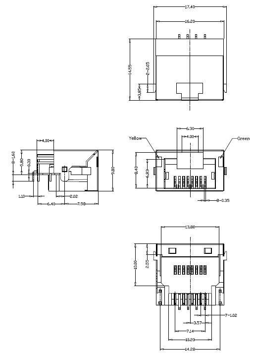 Vertical Rj45 Pcb Socket With LED Y/G LCP Black UL94V-0 TM58D811EX115