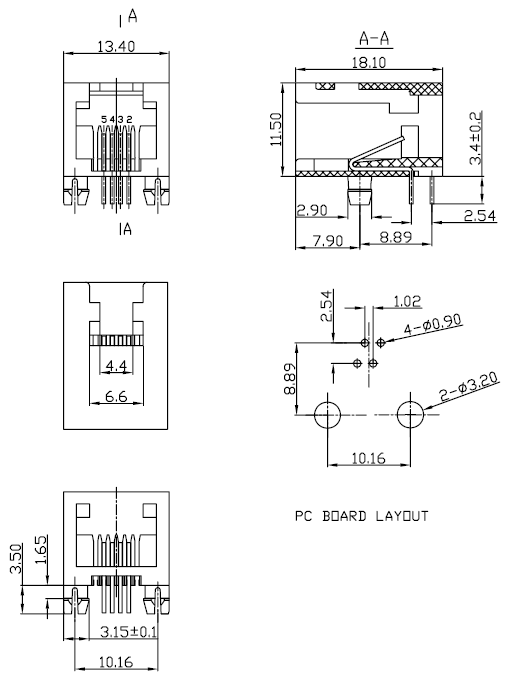 Mini RJ11 Female Connector Tab Down Side Entry 6 Position 4 Contacts ...