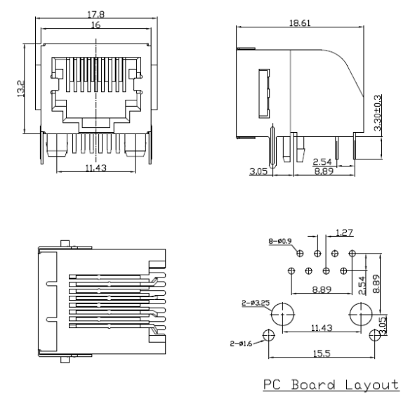 90 ° Orientation RJ45 PCB Connector / Tab Down Rj45 Pcb Mount Jack ...