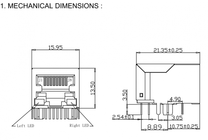 10/100 base Rj45 Connectors Single Port 1X1 With Internal Magnetics LED G/Y 21.35mm Length