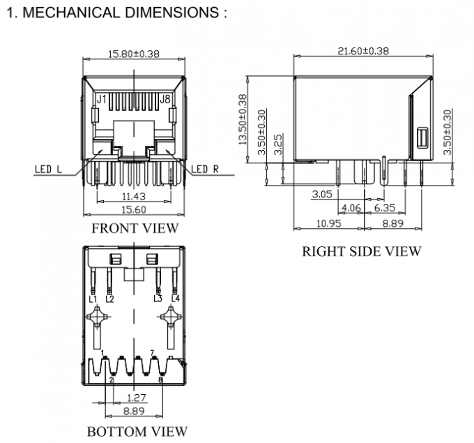 Single port 1X1 Tab-Down RJ45 with transformer 10/100Base-Tx LEDS with Side Entry ,21.1mm